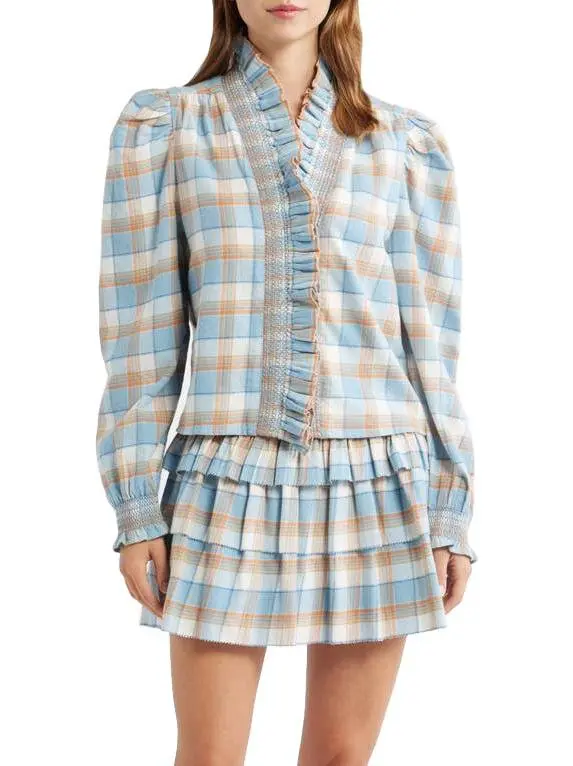 Love The Label Zuri Ruffle-trimmed Plaid Cotton Button-up Top - Windchime Plaid