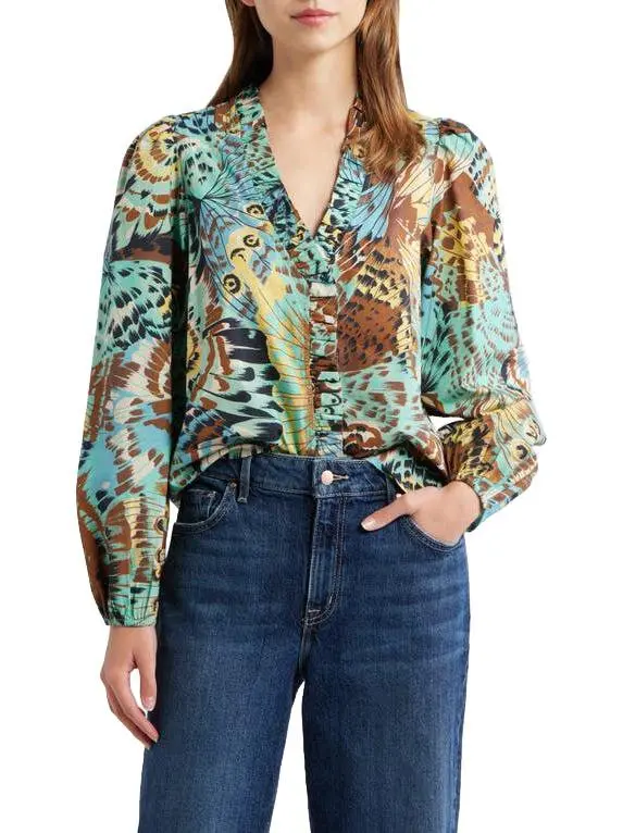 Love The Label Zalda Ruffle Trim Printed Cotton Button-up Top - Born To Fly Print