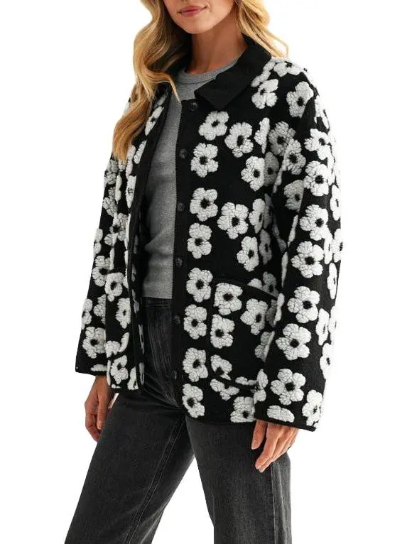 ALL IN FAVOR Floral High Pile Fleece Jacket - Black White