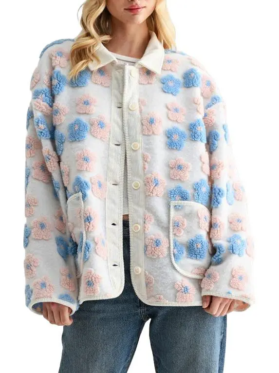 ALL IN FAVOR Floral High Pile Fleece Jacket - Ivory Blue Pink