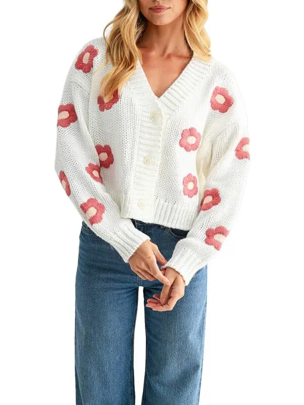 ALL IN FAVOR Floral Embroidered Cardigan - Cream Mauve