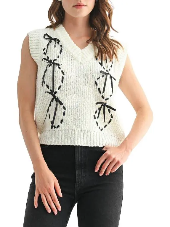 ALL IN FAVOR Contrast Bow Sweater Vest - Ivory