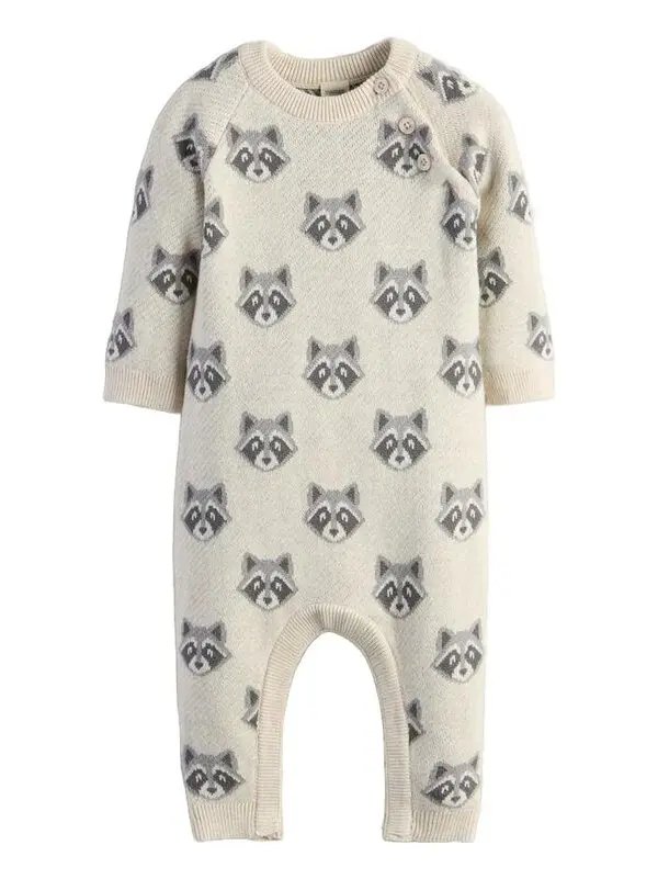 TUCKER + TATE Raccoon Jacquard Cotton Sweater Romper - Beige Heather Raccoon Intarsia
