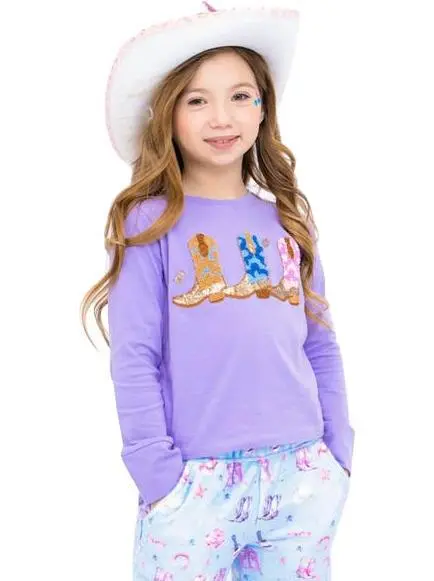 PREPPY GOOSE Sequin Cowgirl Boots Long Sleeve T-shirt - Lavender