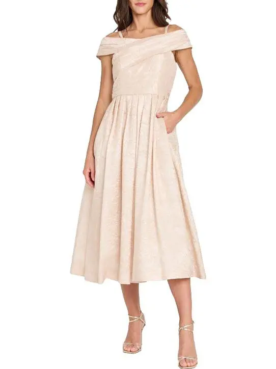 TAHARI ASL Crushed Taffeta Cold-shoulder Fit & Flare Cocktail Dress - Champagne