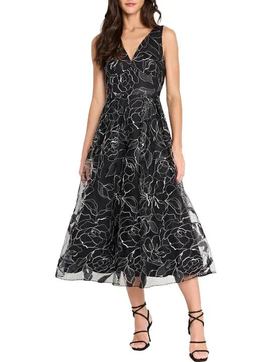 TAHARI ASL Metallic Soutache Floral Lace Cocktail Midi Dress - Black Silver