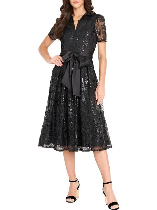 TAHARI ASL Sequin Tie Waist Midi Shirt Dress - Black