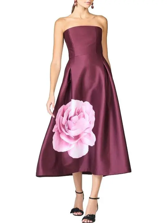 Sachin & Babi Shay Floral Strapless Cocktail Midi Dress - Bordeaux Esperance