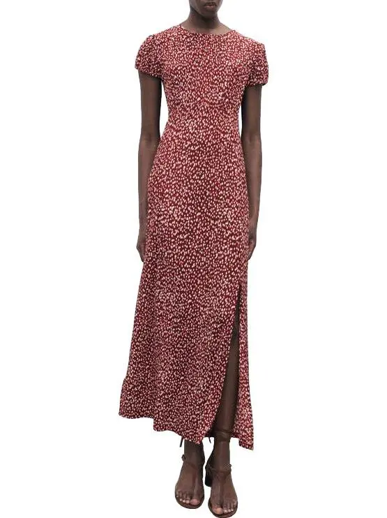 Mango Floral Puff Sleeve Pleated Maxi Dress - Burgundy