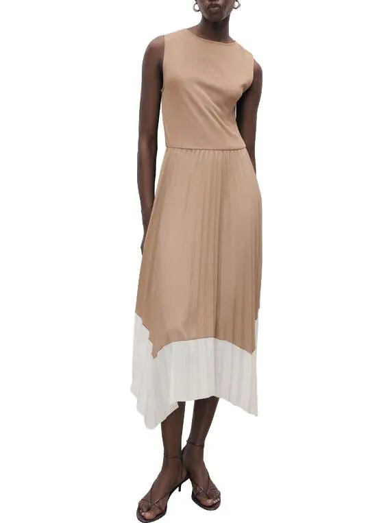 Mango Sleeveless Pleated Asymmetric Dress - Beige/white