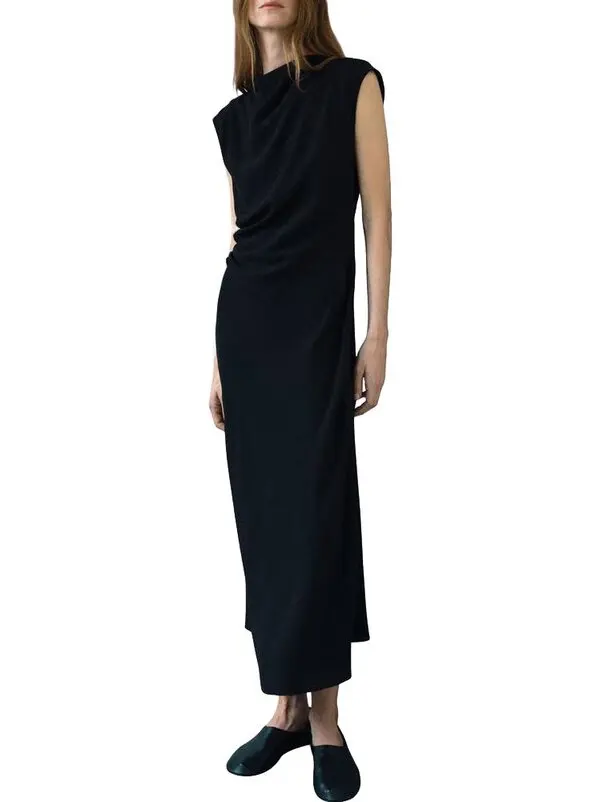 Mango Ruched Sleeveless Midi Dress - Black