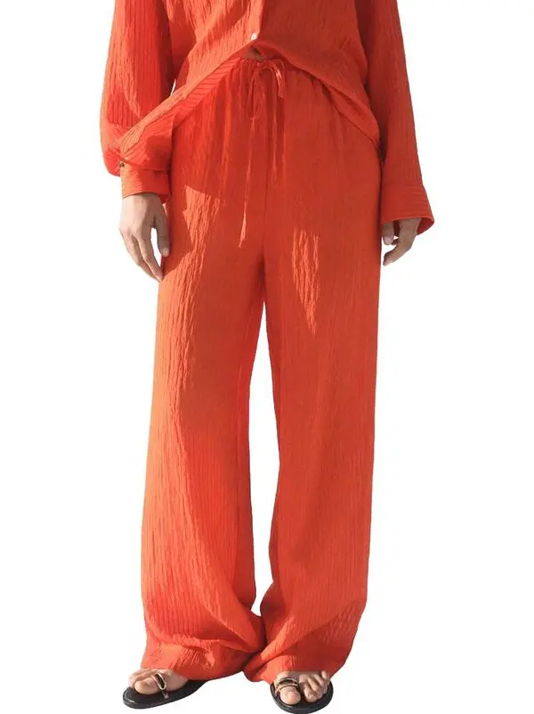 Mango Crinkled Wide Leg Drawstring Trousers - Orange