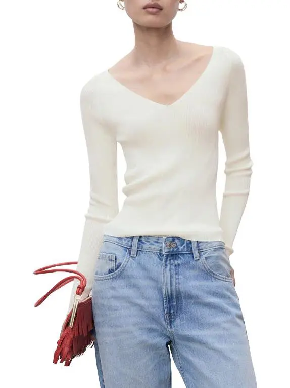 Mango V-neck Ribbed Sweater - Ecru