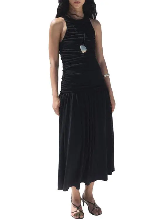 Mango Gathered Sleeveless Midi Dress - Black