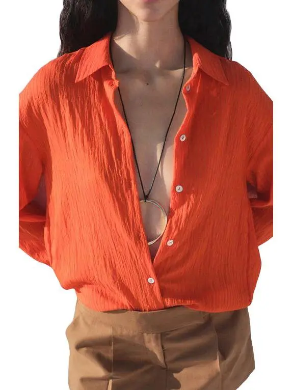 Mango Oversized Crinkled Button-up Shirt - Orange