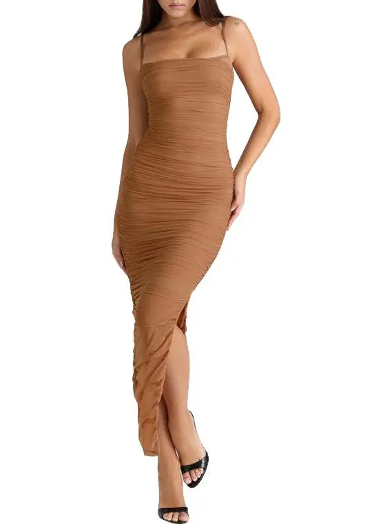 House Of Cb Fornarina Ruched Mesh Maxi Dress - Tan