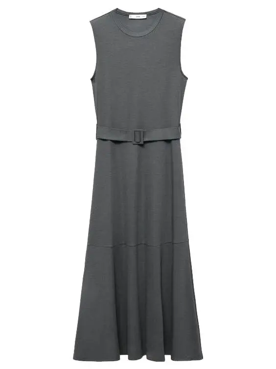 Mango Belted Sleeveless Midi Dress - Medium Heather Grey