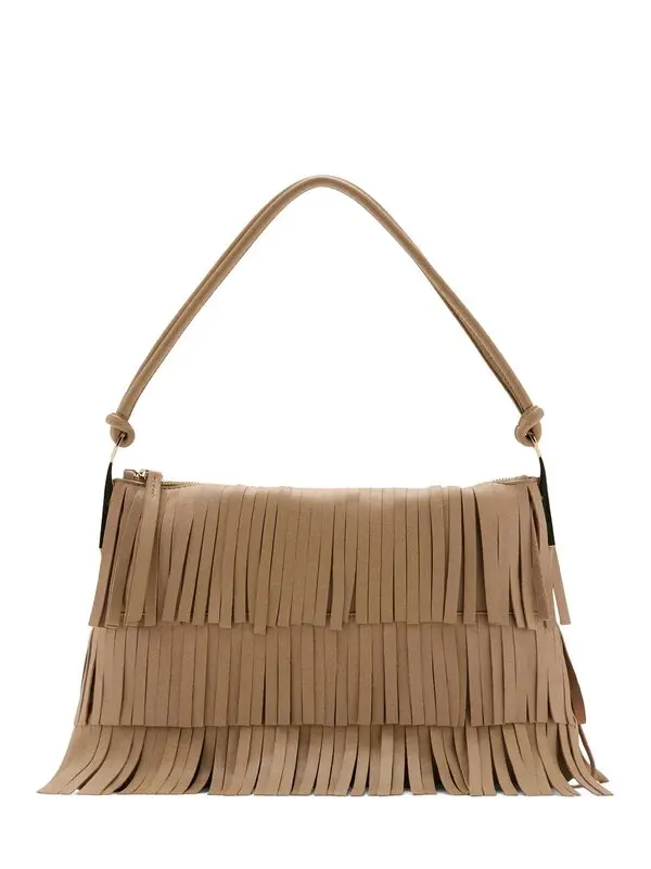 Mango Large Fringe Leather Shoulder Bag - Beige