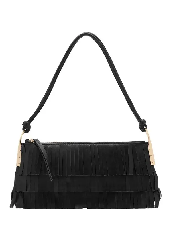 Mango Fringe Leather Shoulder Bag - Black
