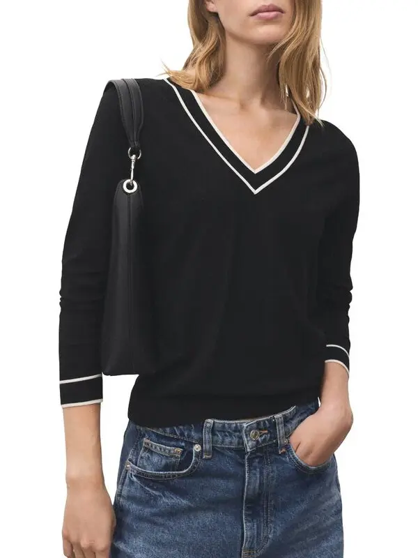 Mango Contrast V-neck Sweater - Black