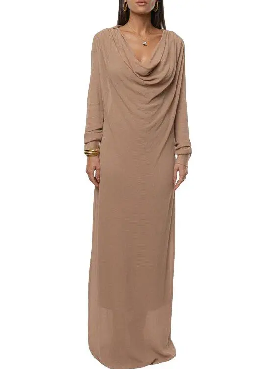 JLUXLABEL Savanna Cowl Neck Long Sleeve Maxi Dress - Beige