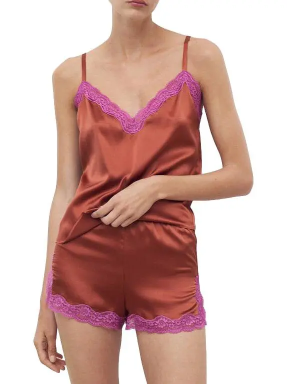 Mango Contrast Lace Silk Camisole - Brown