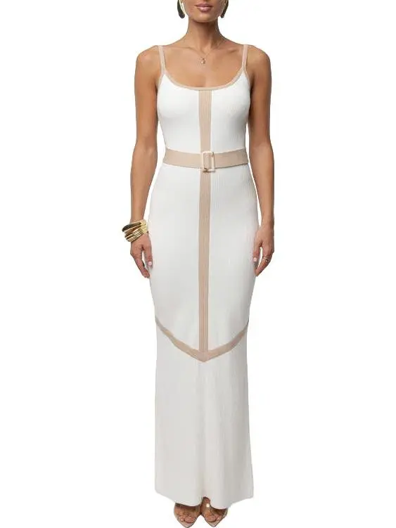 JLUXLABEL Belted Sleeveless Rib Maxi Dress - Ivory
