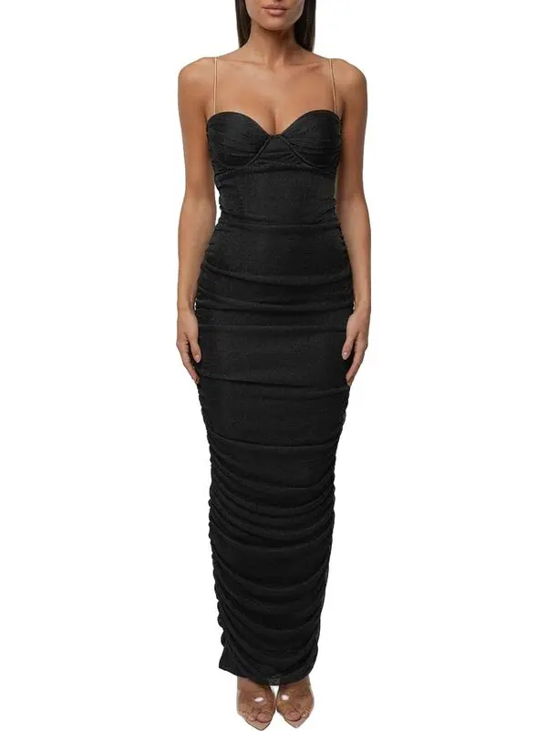 JLUXLABEL Metallic Ruched Maxi Dress With Tie Back - Black