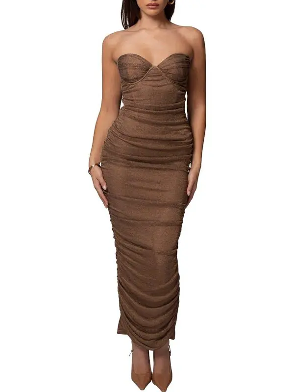 JLUXLABEL Metallic Ruched Maxi Dress With Tie Back - Brown