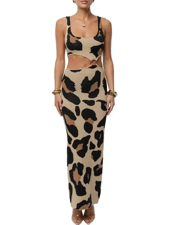JLUXLABEL Zahara Leopard Print Maxi Sweater Dress - Beige