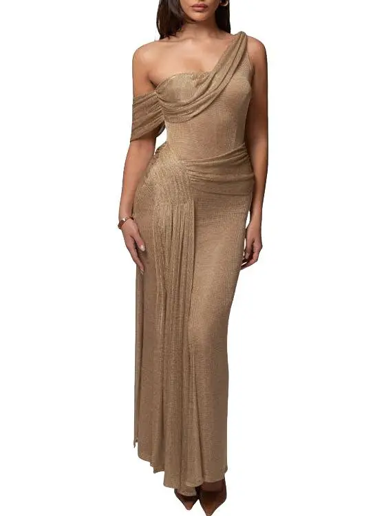 JLUXLABEL Drape Metallic One-shoulder Gown - Gold
