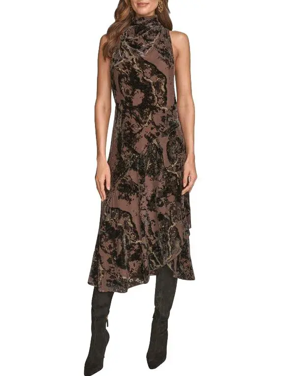 Donna Karan New York Sleeveless Metallic Burnout Midi Dress - Chocolate Plum
