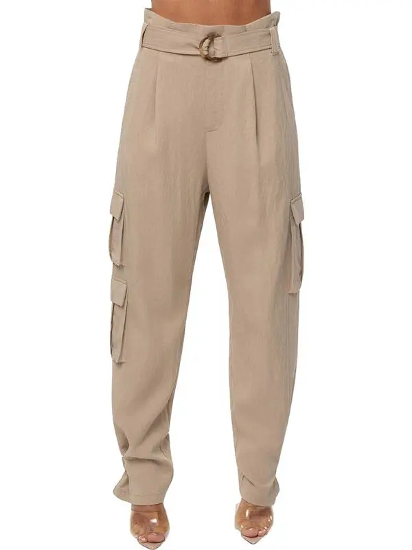 JLUXLABEL Belted Cargo Pants With Pleated Front - Beige