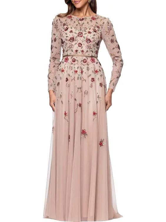 XSCAPE EVENINGS Beaded Long Sleeve Chiffon Gown - Nude/multi
