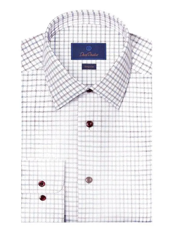 David Donahue Regular Fit Check Cotton Dobby Dress Shirt - Blue/berry