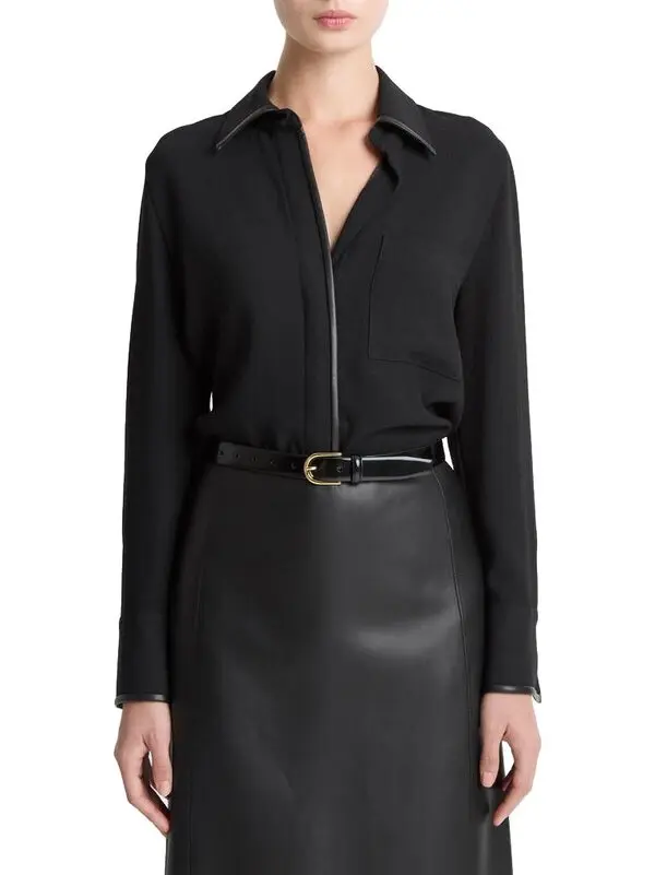 Vince Faux Leather Trim Button-up Shirt - Black