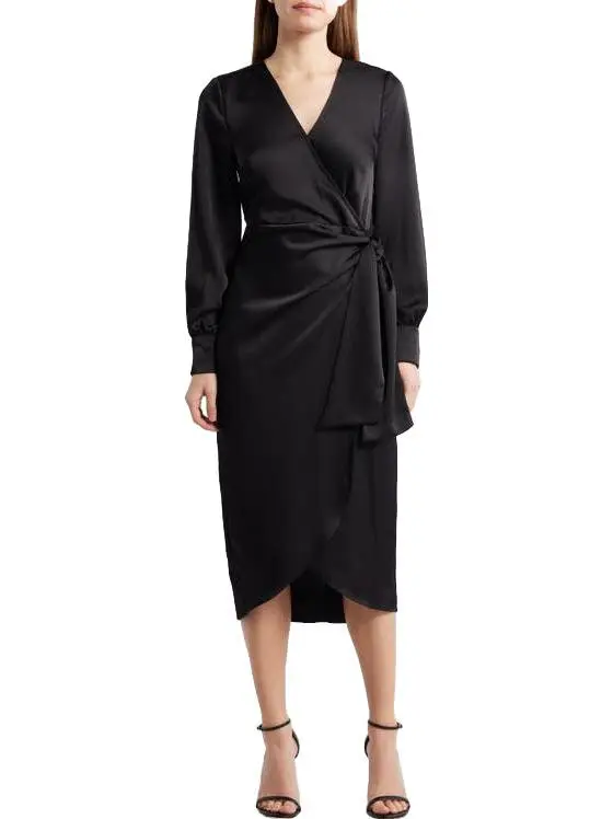 Sam Edelman Long Sleeve Faux Wrap Satin Dress - Black