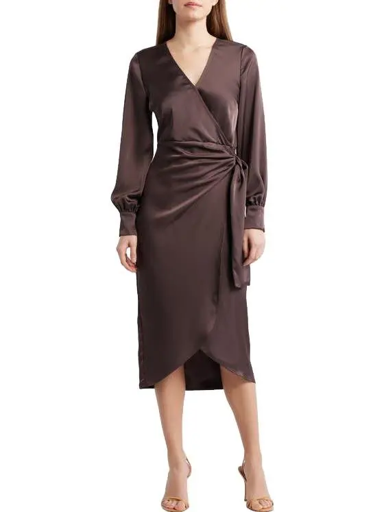 Sam Edelman Long Sleeve Faux Wrap Satin Dress - Espresso