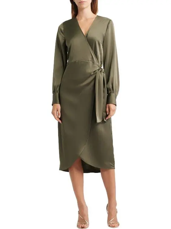 Sam Edelman Long Sleeve Faux Wrap Satin Dress - Loden