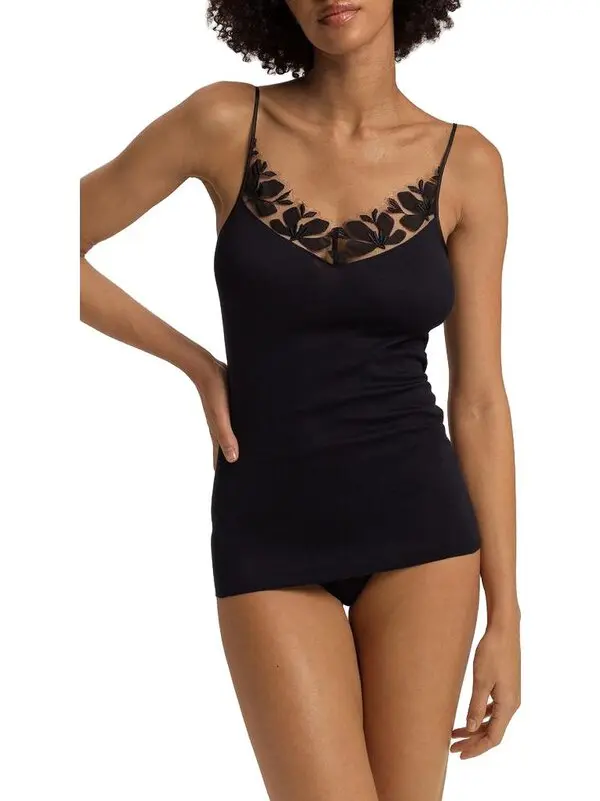 Hanro Kalea Embroidered Trim Cotton Camisole - Black