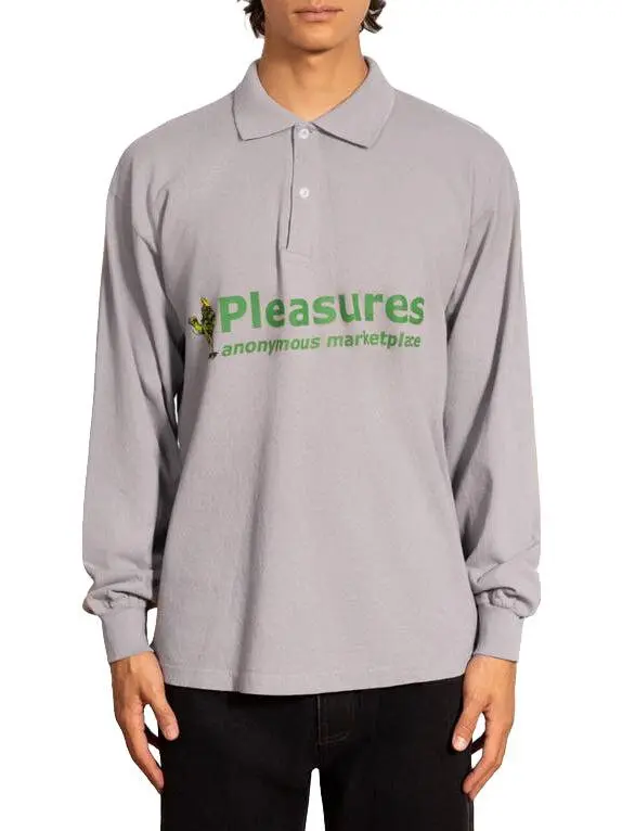 PLEASURES Exchange Long Sleeve Cotton Graphic Polo - Grey