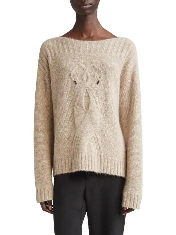 EMILY DAWN LONG Swan Cable Knit Sweater - Oatmeal