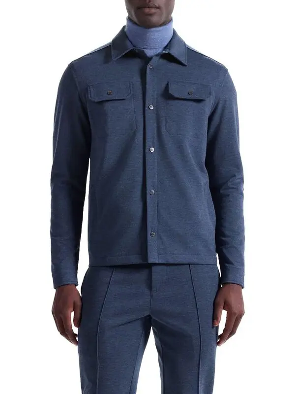 Bugatchi Heathered Knit Snap-up Shirt Jacket - Navy