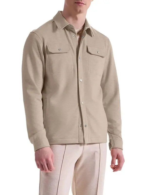 Bugatchi Heathered Knit Snap-up Shirt Jacket - Sand