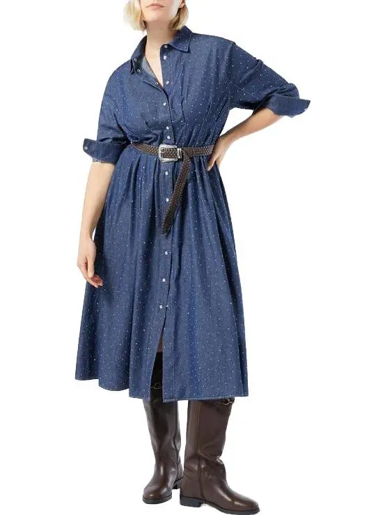 Marina Rinaldi Jimco Rhinestone Detail Denim Shirt Dress - Navy