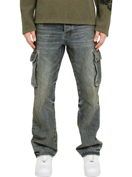PURPLE BRAND Vintage Wash Relaxed Fit Cargo Jeans - Light Indigo