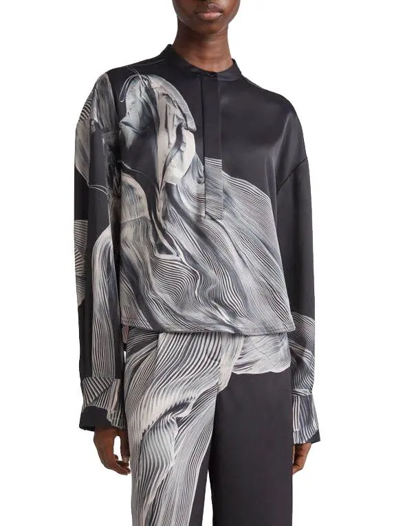 JASON WU Oversized Printed Satin Shirt - Black/light Pink Multi