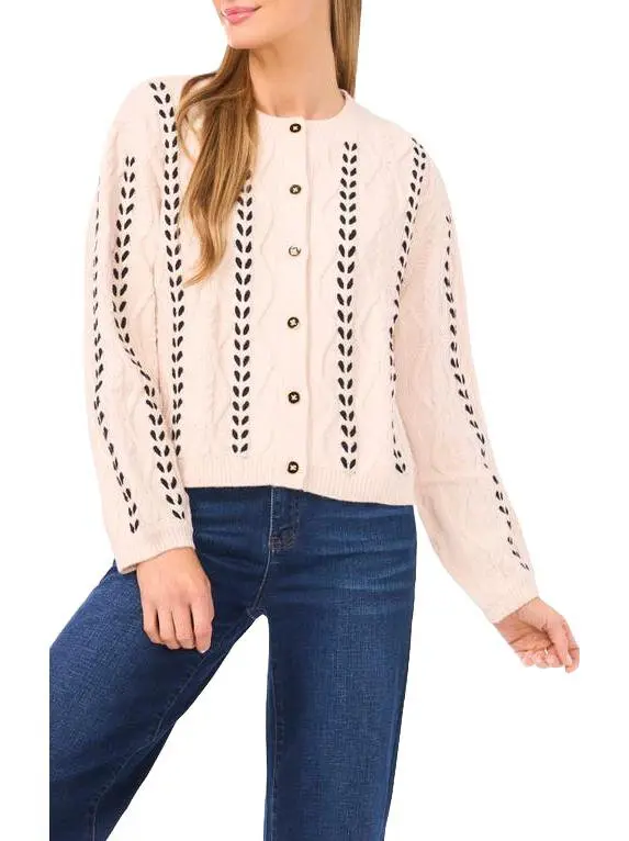 CECE DUPRAZ Ribbon Accent Cable Stitch Cardigan - Snow Cream