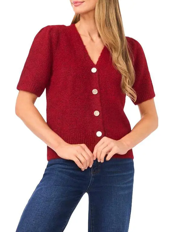 CECE DUPRAZ Puff Sleeve V-neck Cardigan - Burgundy Red