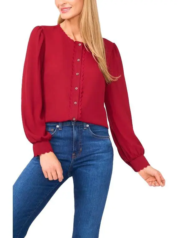 CECE DUPRAZ Scalloped Trim Button Down Top - Mulberry Red
